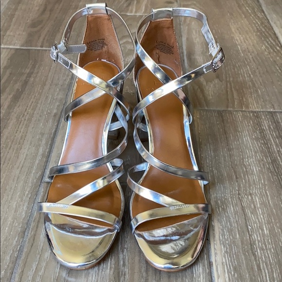 H by Halston | Shoes | Halston Silver Block Heel Ankle Strap Sandals ...